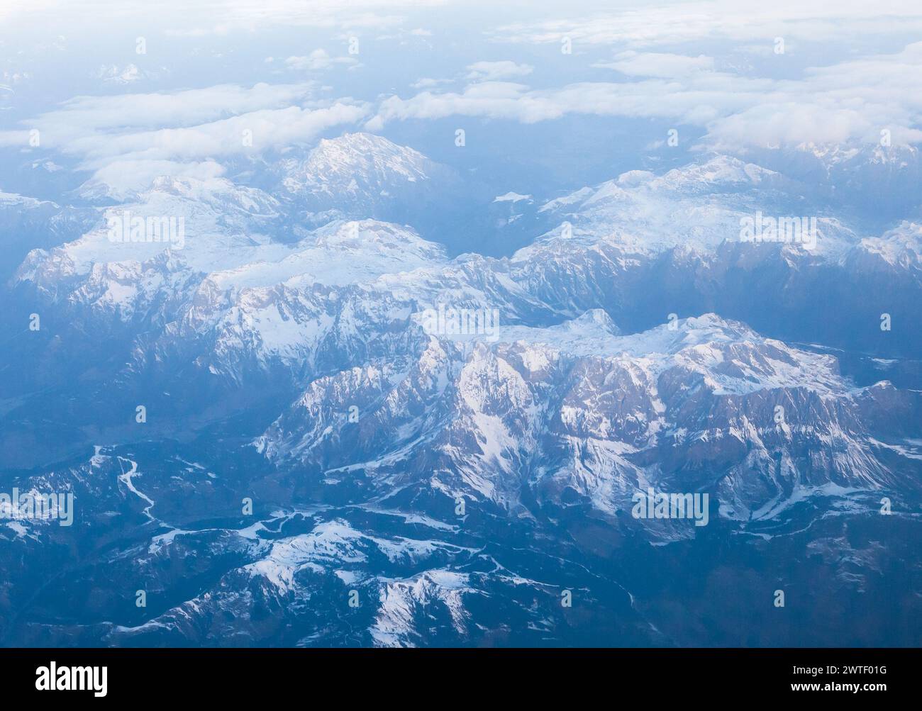 Southern Alps mountains covered with snow, view from airplane Stock ...