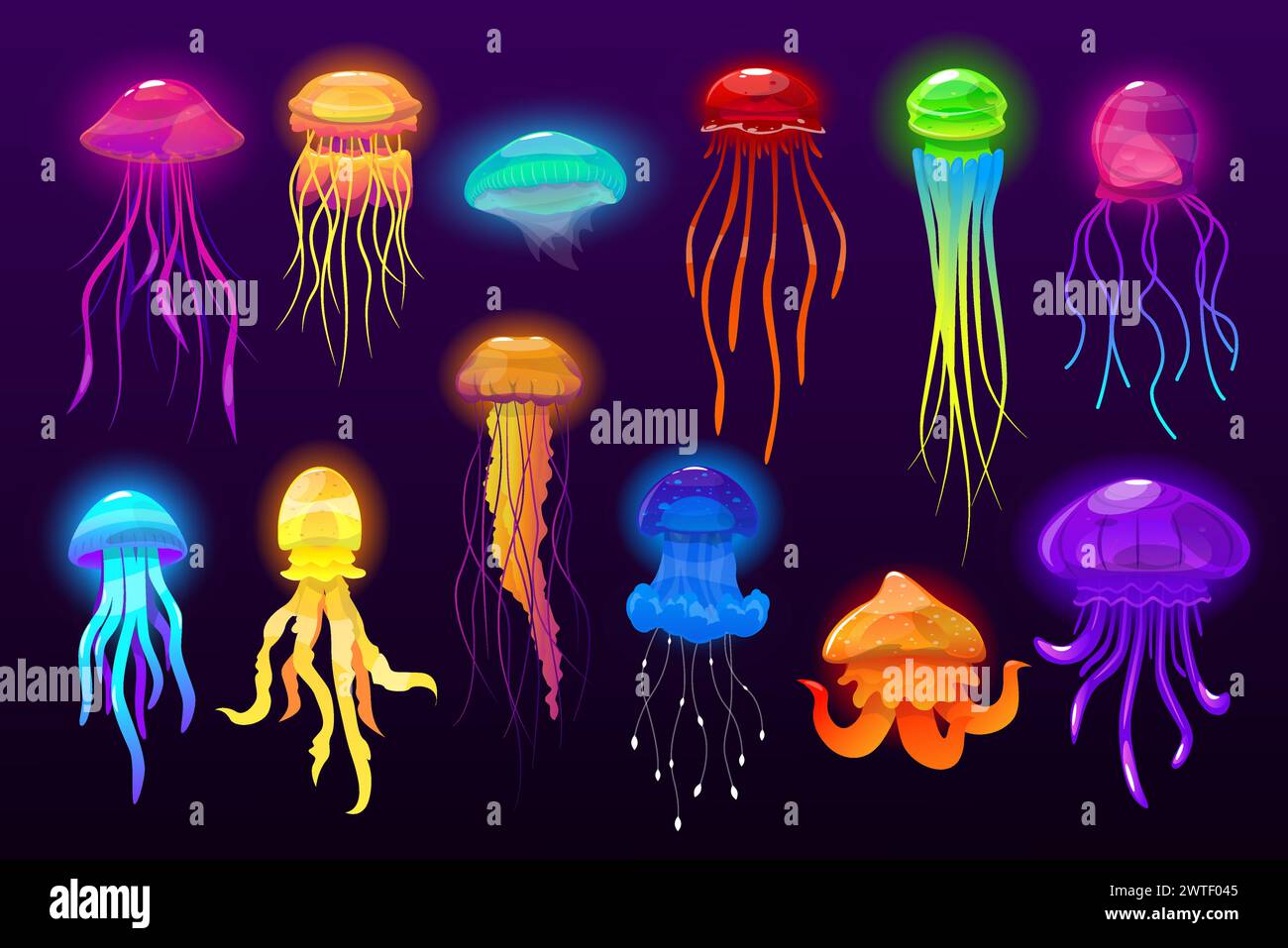 Color glowing jellyfish. Translucent jelly like marine life. Plankton ...