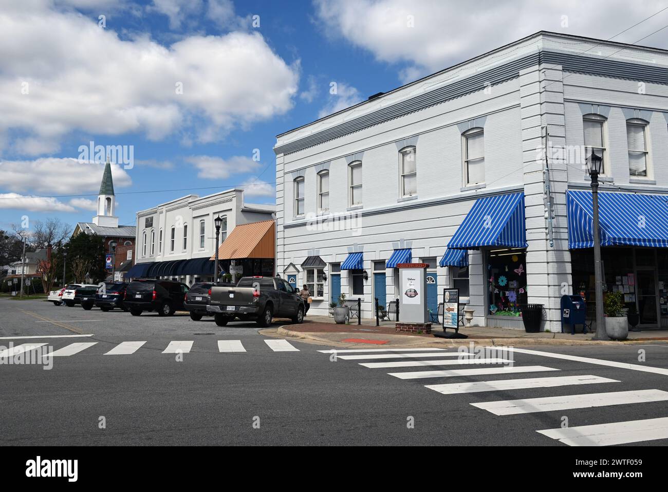 Stores on Market Street in downtown Hertford, a small town in rural ...