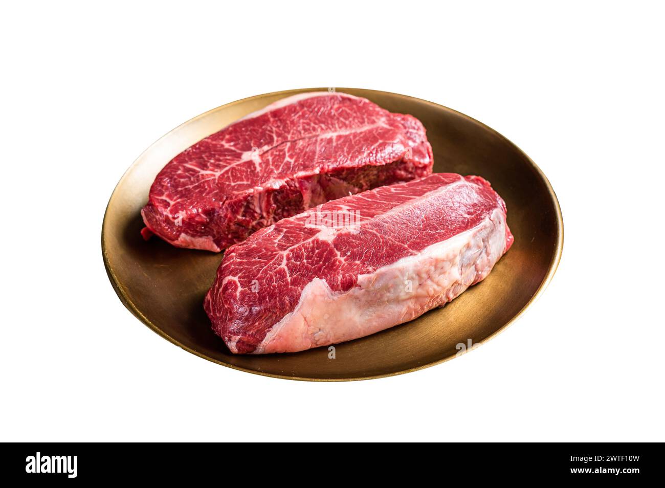 Raw Shoulder Top Blade beef meat steaks on a plate. Isolated on white ...