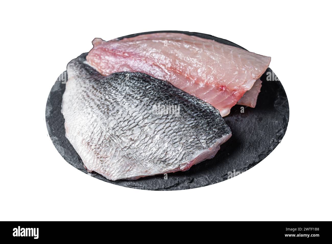 Raw Sea bream Dorado fish fillets. Isolated on white background. Top ...