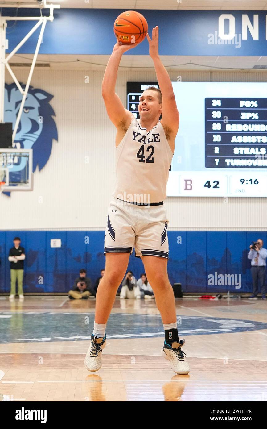 NEW YORK, NY - MARCH 17: Yale Bulldogs Forward Nick Townsend (42) shoots a three point jump shot ...