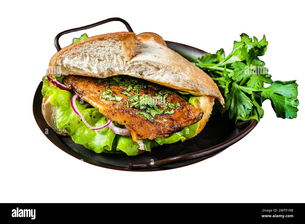 Sandwich balik Ekmek with grilled fillet of mackerel fish, tomatoes ...