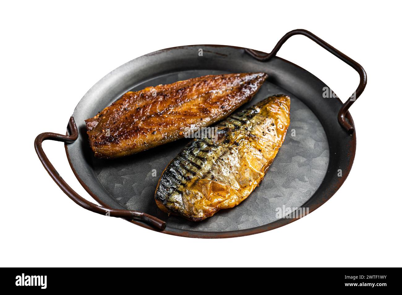 Baked Grilled mackerel fillets. Isolated on white background. Top view ...