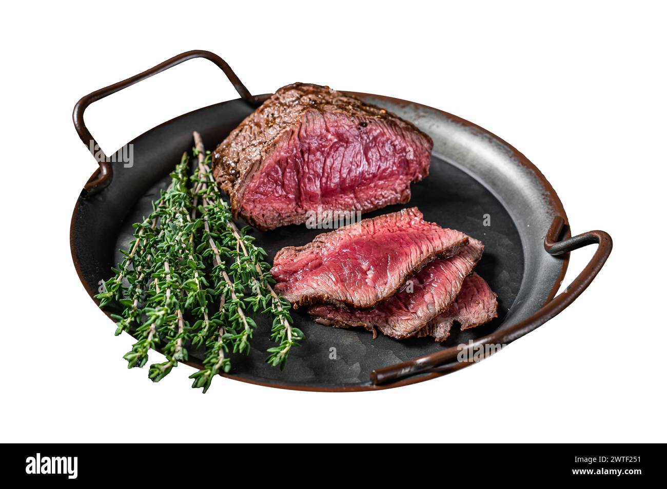 Grilled Rump sirloin steak sliced on a tray with herbs. Isolated on ...