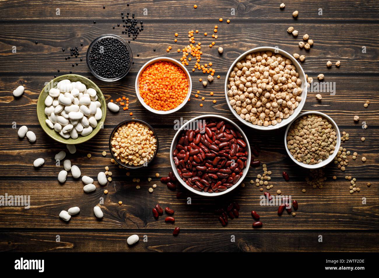Various types of legumes, beans, lentils. chickpeas and peas, top view ...