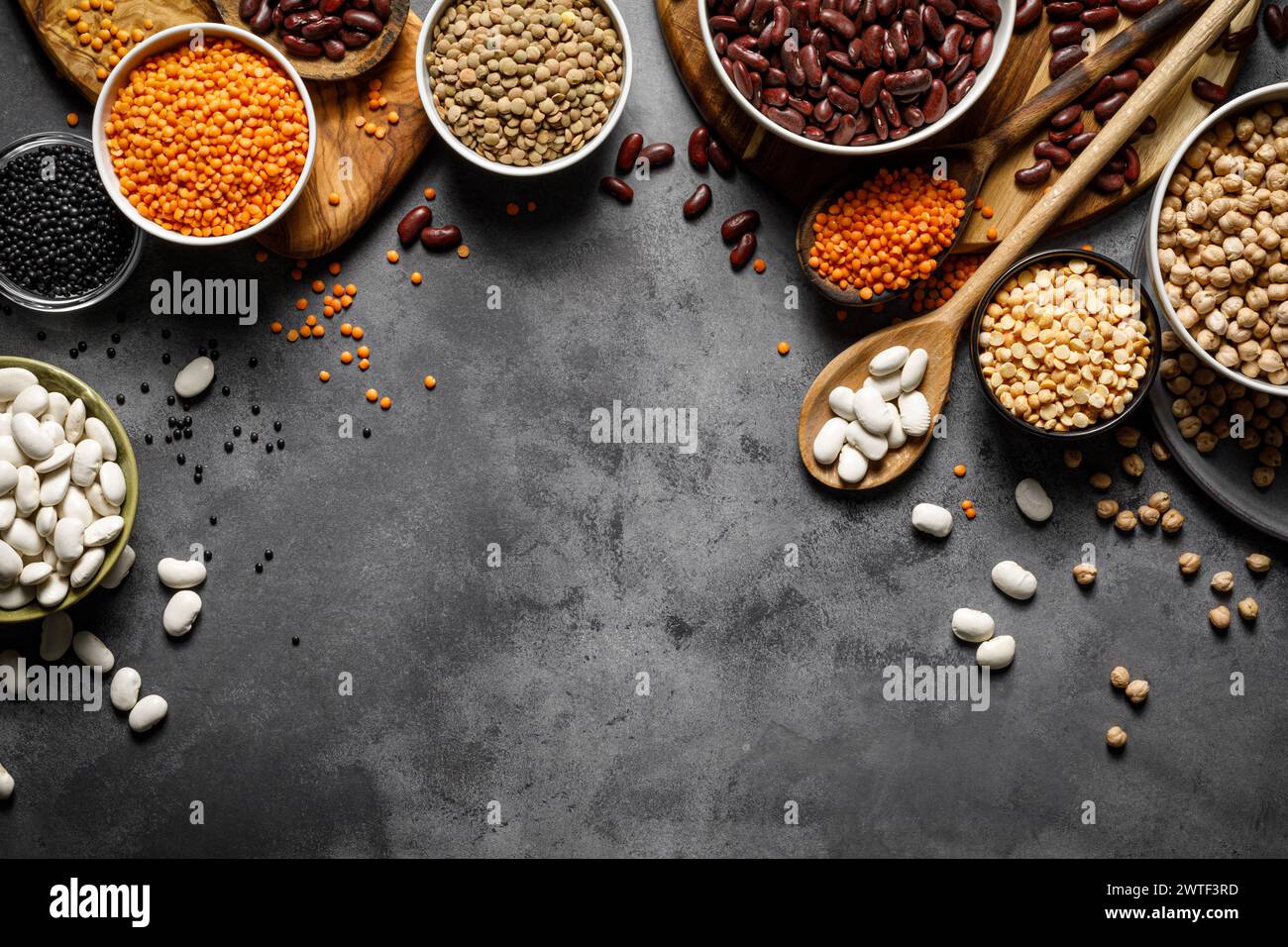 Various types of legumes, beans, lentils. chickpeas and peas, top view ...