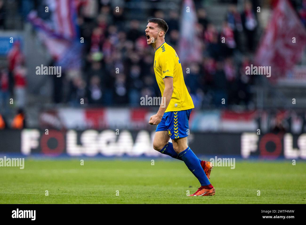 Brondby, Denmark. 17th Mar, 2024. Jordi Vanlerberghe (30) of Broendby IF scores for 2-0 during ...