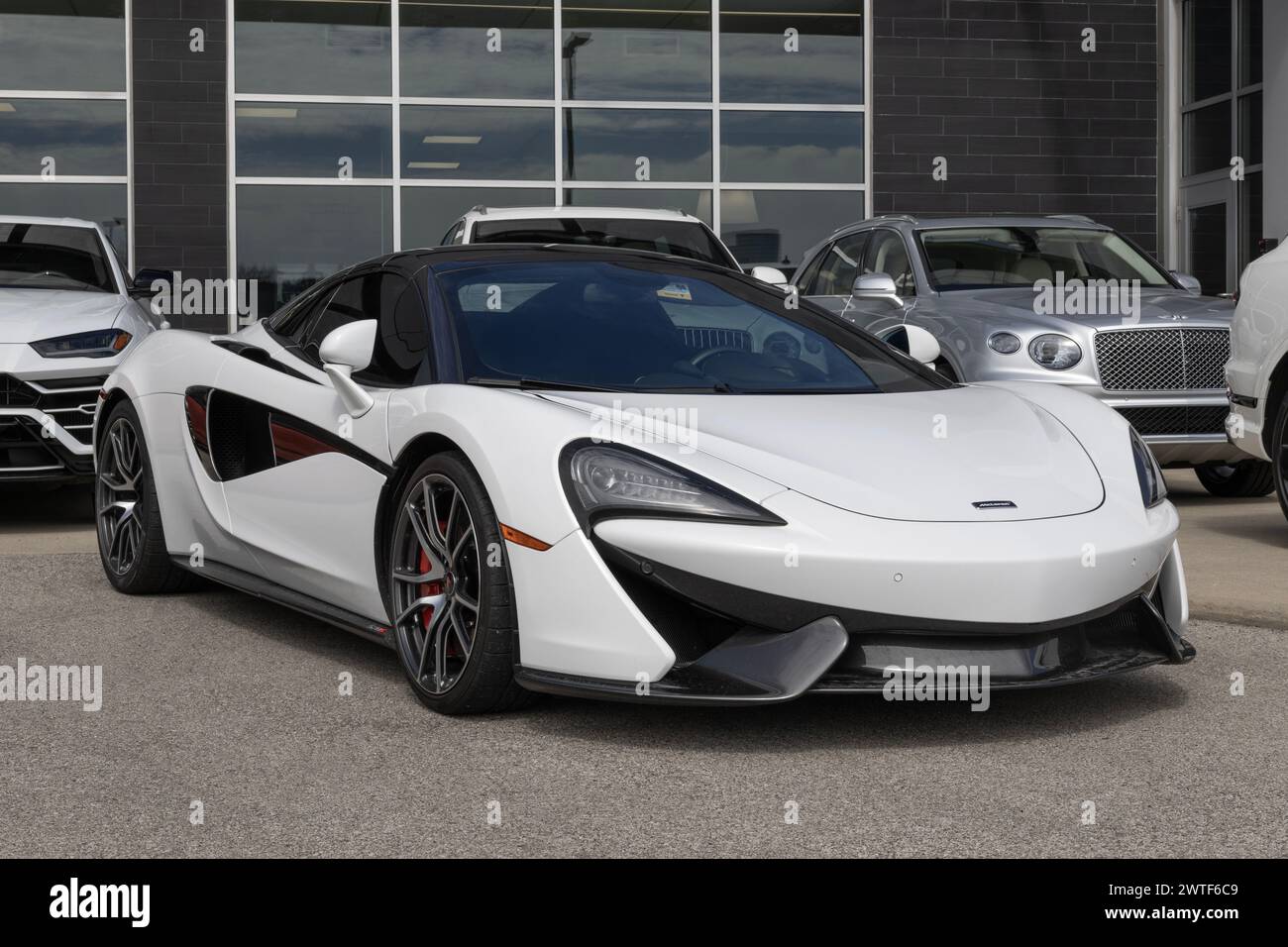 Indianapolis - March 16, 2024: McLaren 570S display with a 3.8L V8 Twin ...