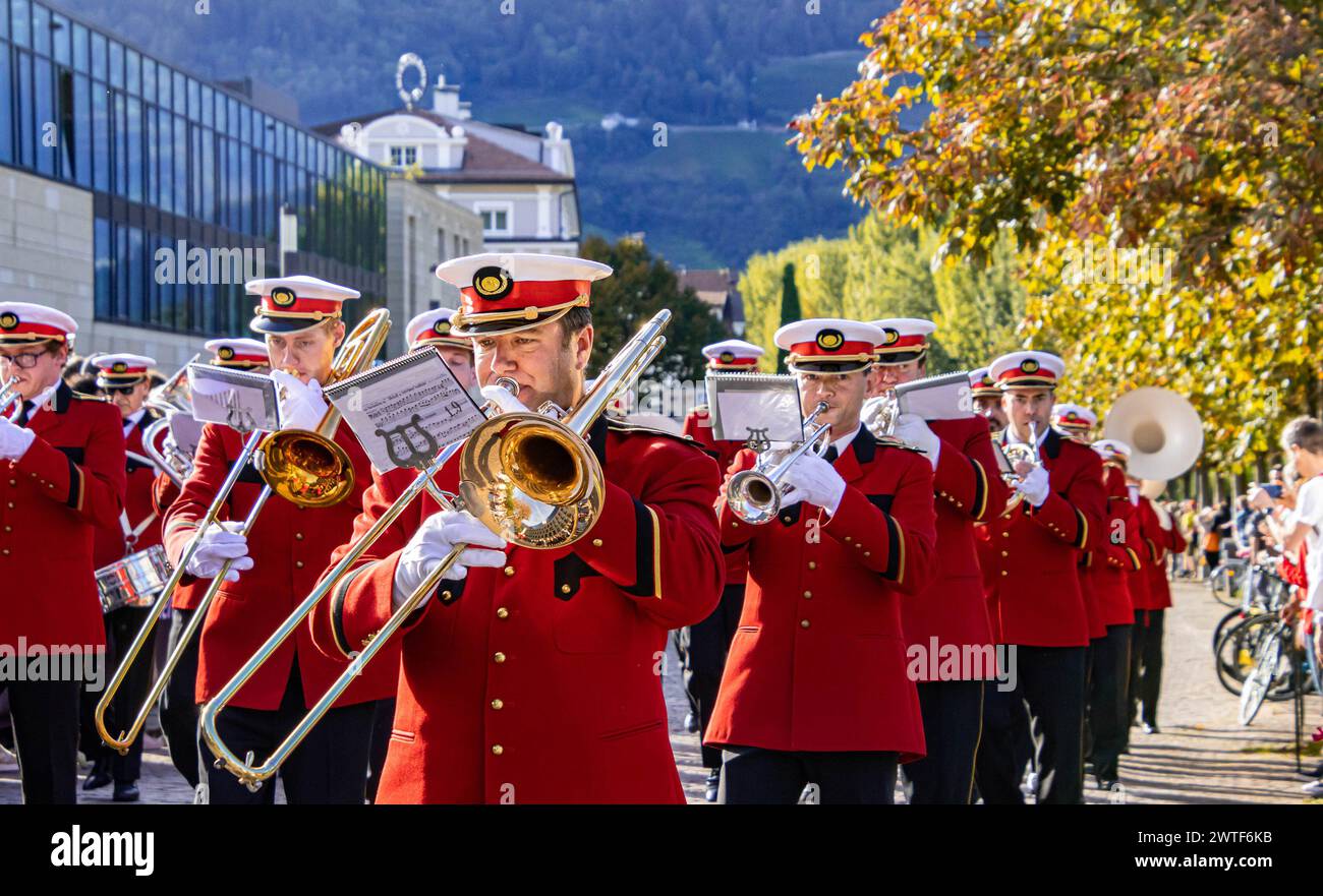 Meran, South Tyrol, Italy - 15 October 2023 Traditional parade of music ...