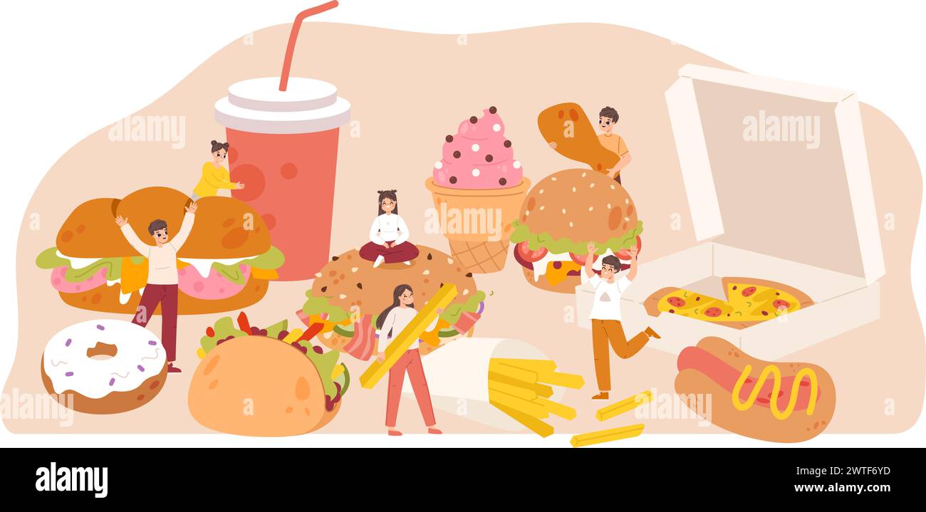 People and fast food. Teenagers with giant burger, pizza, french fries ...