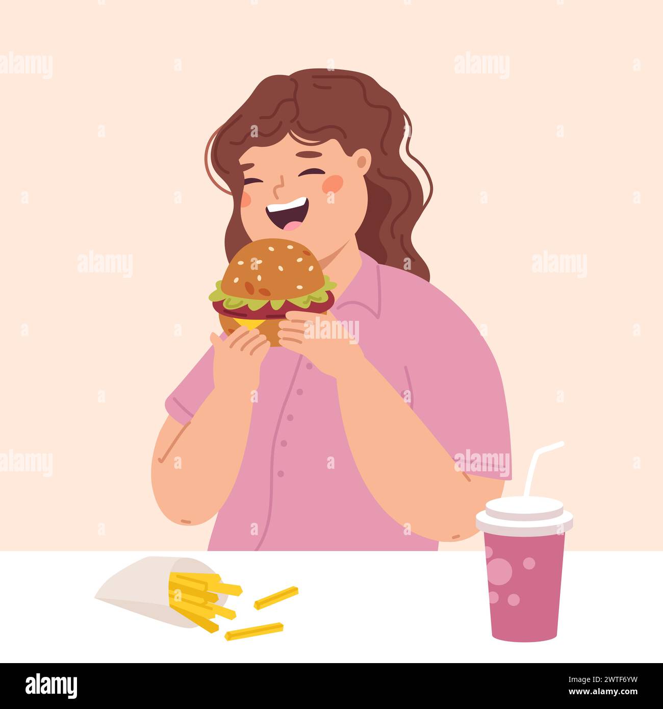 Girl eat burger. Teenagers lunch or dinner, take away junk food concept ...