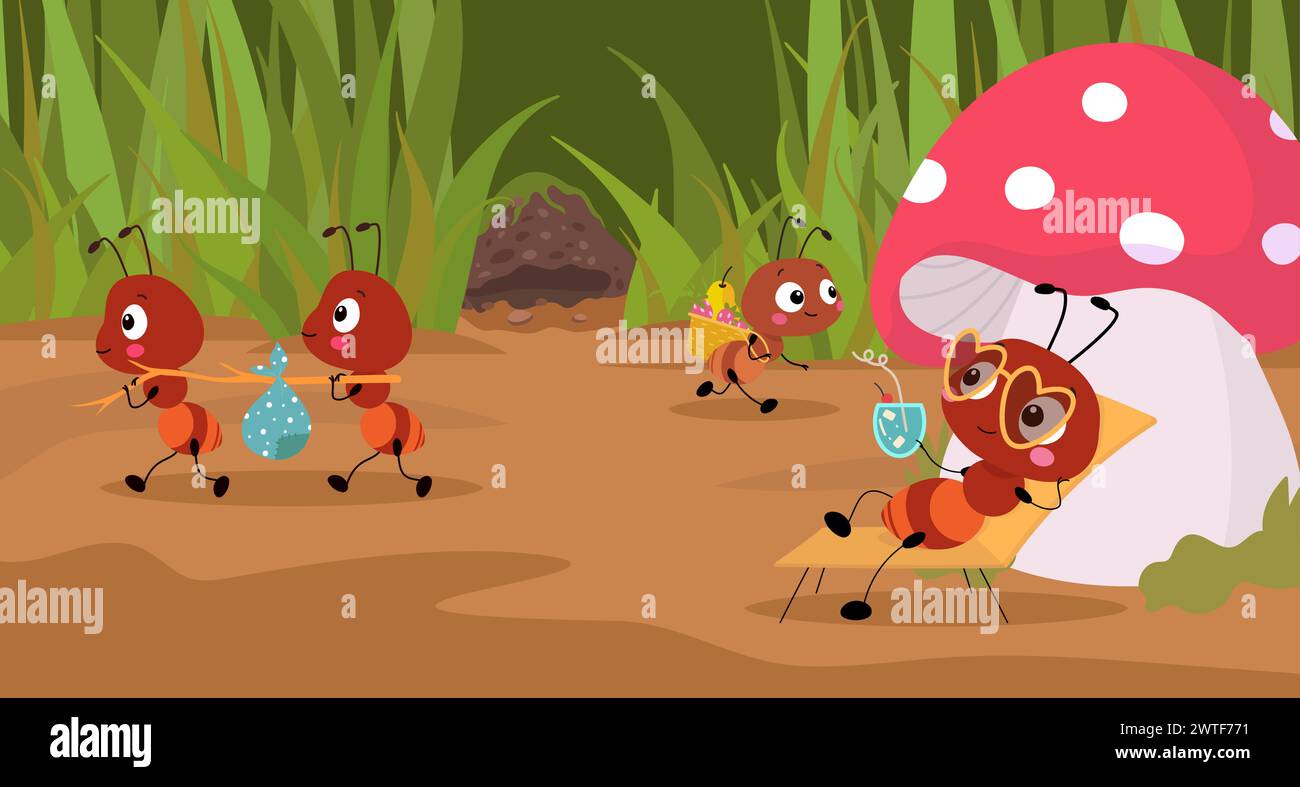 Cartoon ants working. Forest ant activity, moving and working or ...