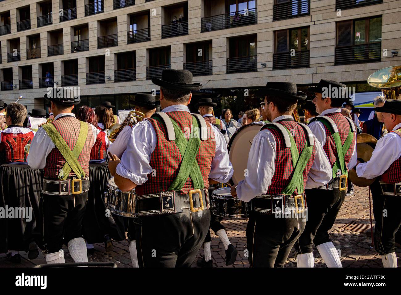 Meran, South Tyrol, Italy - 15 October 2023 Traditional parade of music ...