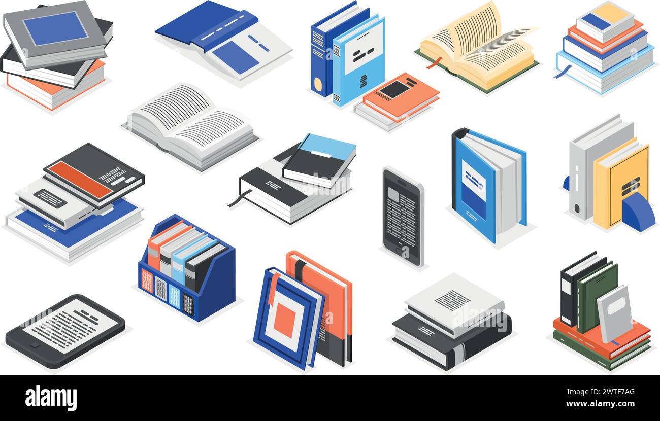 Isometric library books. Digital and paper book, reading and learning ...
