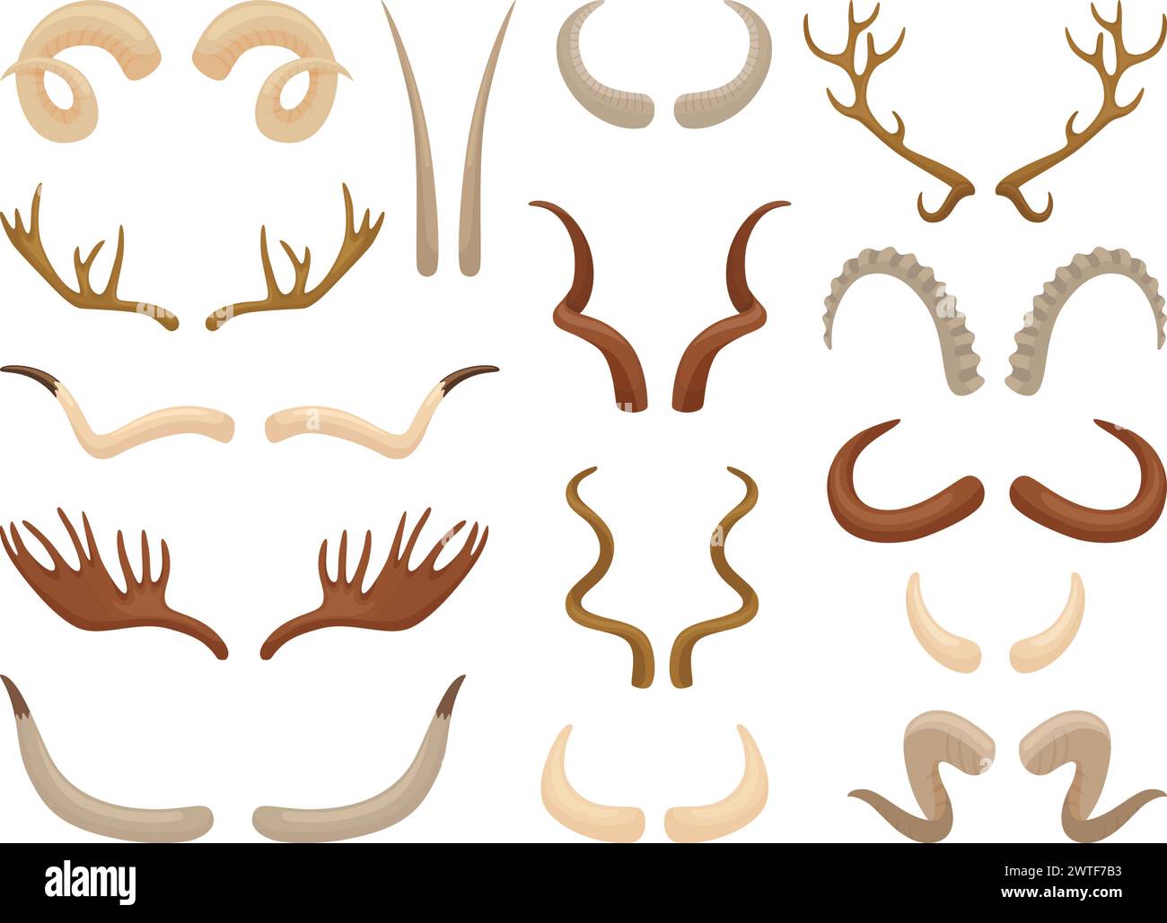 Cartoon horns set. Isolated animal horn, antlers of reindeer, antelope ...