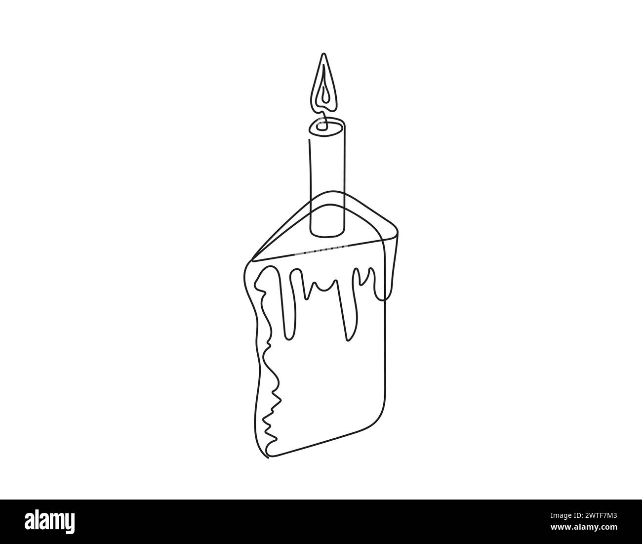 Continuous one line drawing of Easter Kulich cake with lit candle. Slice of Birthday cupcake ...