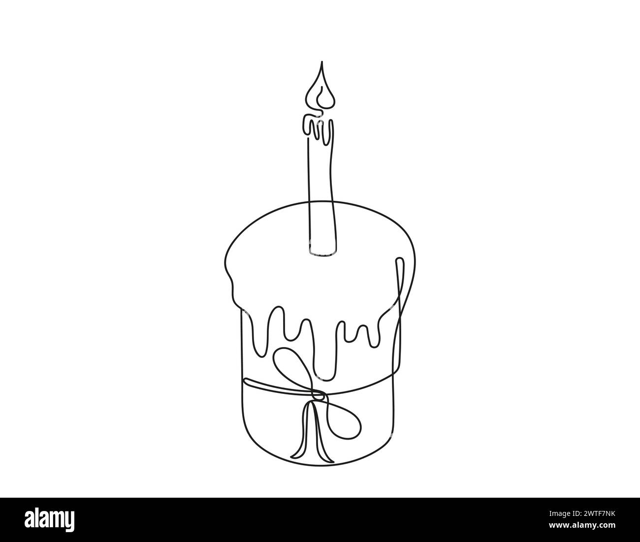 Continuous one line drawing of Easter Kulich cake with a lit candle. Traditional Easter cupcake ...