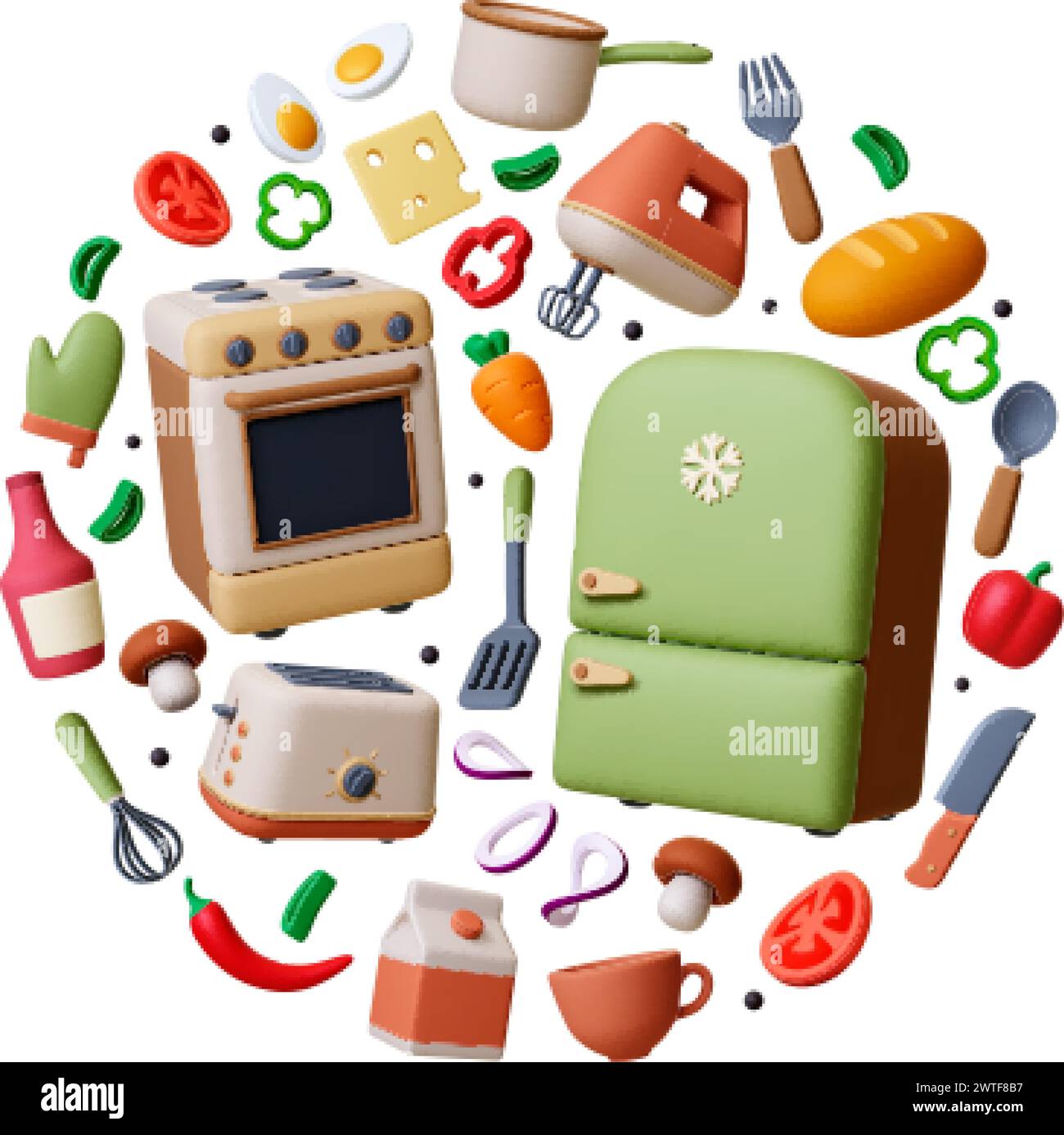 Kitchen concept. 3d appliances, food and tools. Realistic fridge and ...