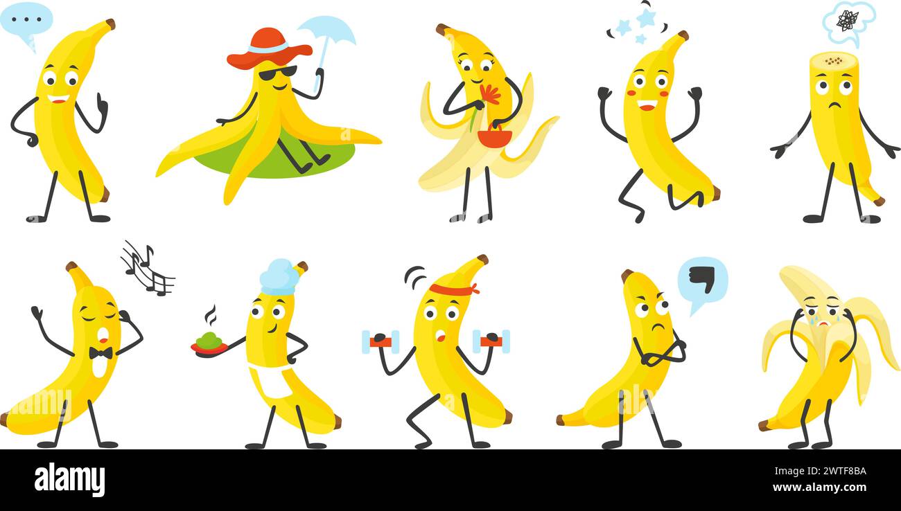 Banana characters. Cartoon various bananas poses and emotions ...