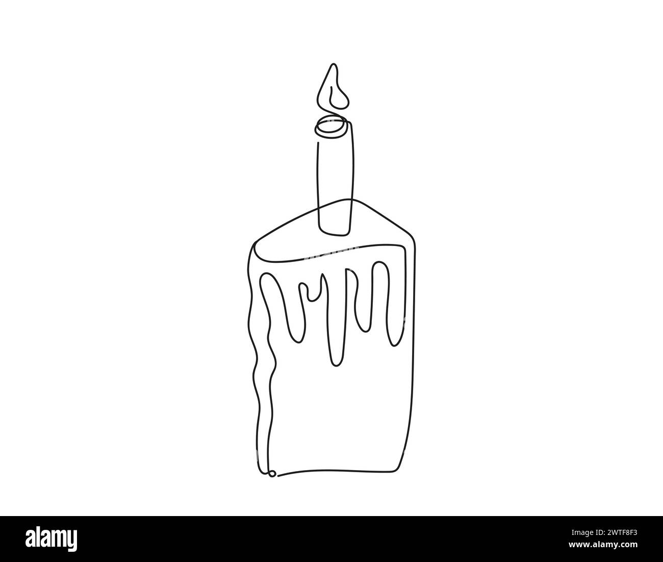 Continuous one line drawing of Easter Kulich cake with single lit candle. Slice of Birthday ...