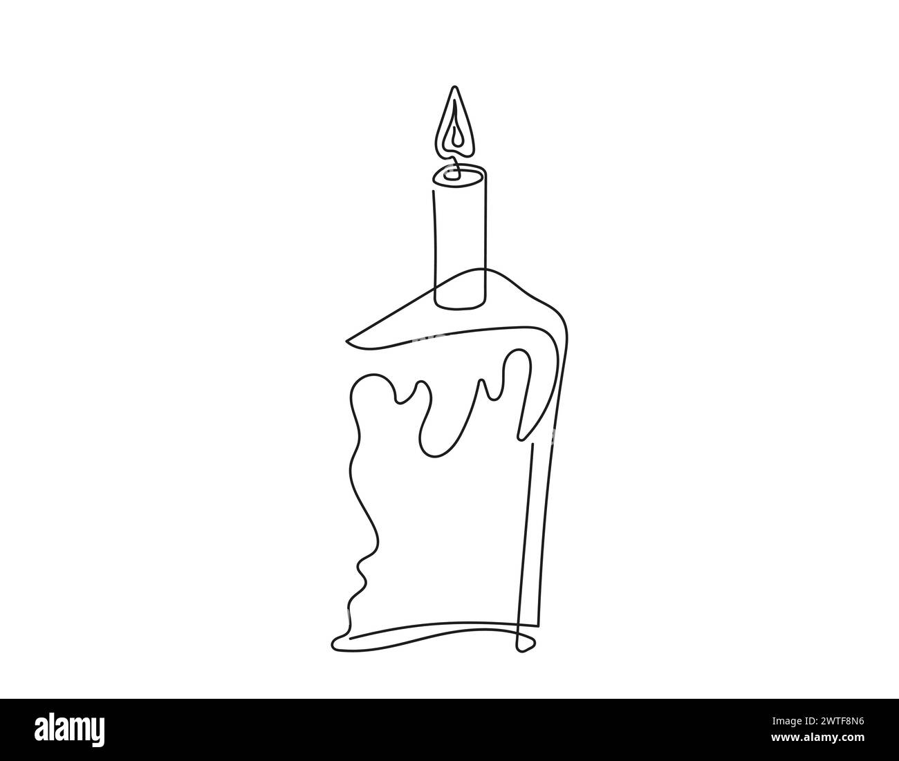 Continuous one line drawing of Easter Kulich cake with lit candle. Slice of Birthday cupcake ...