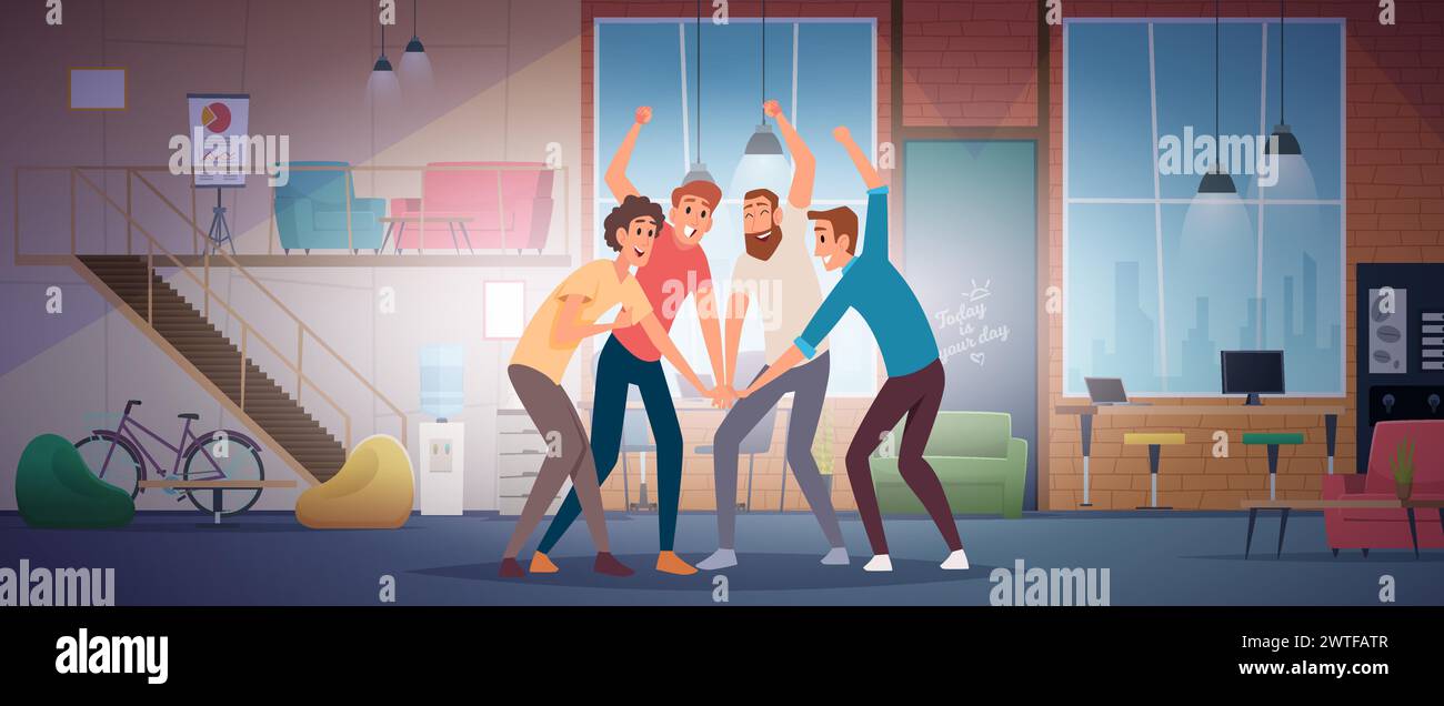 Business team. Group of successful office managers hugging exact vector ...