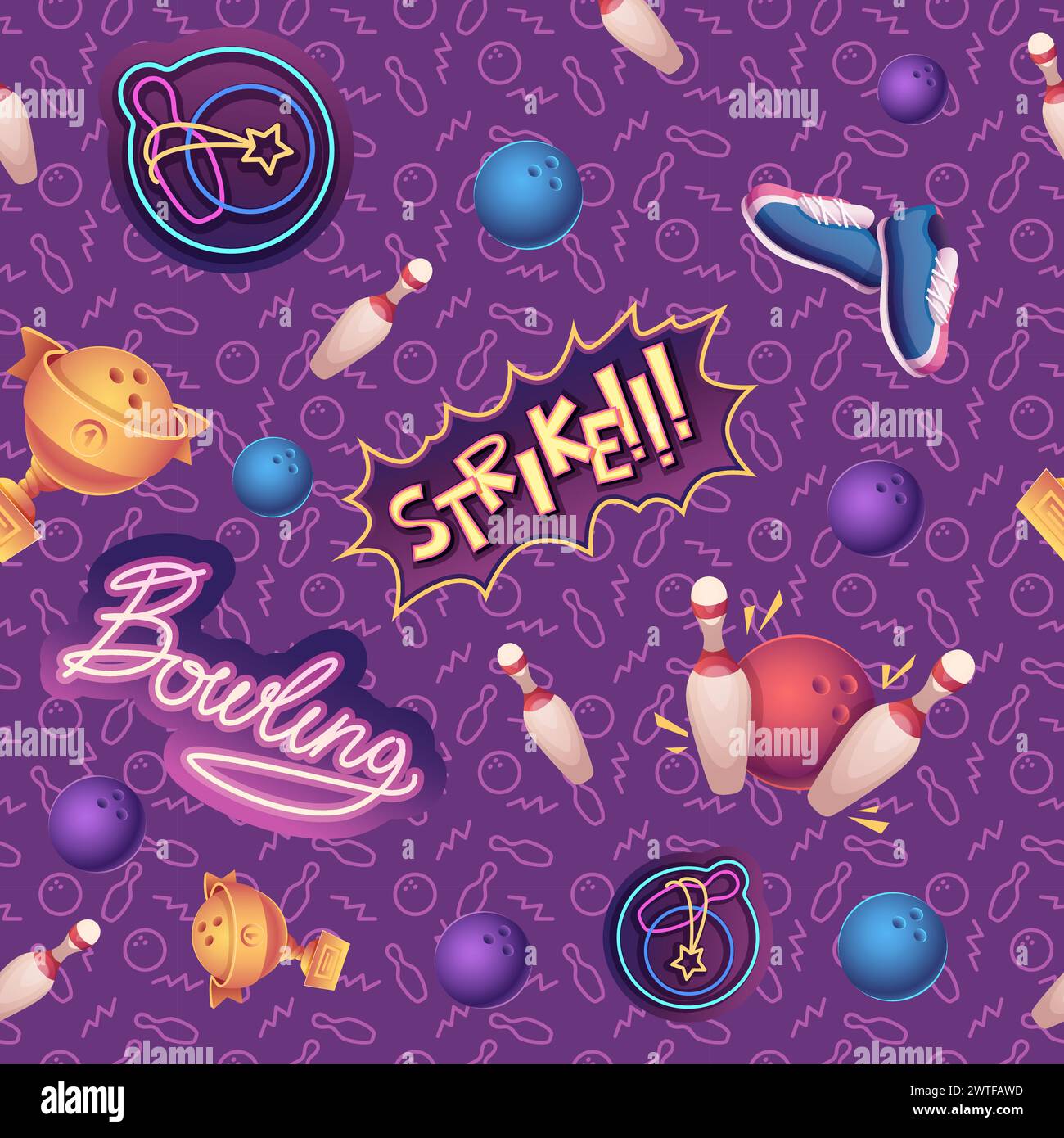 Bowling pattern skittles trophy cup and colored balls vector seamless background Stock Vector ...