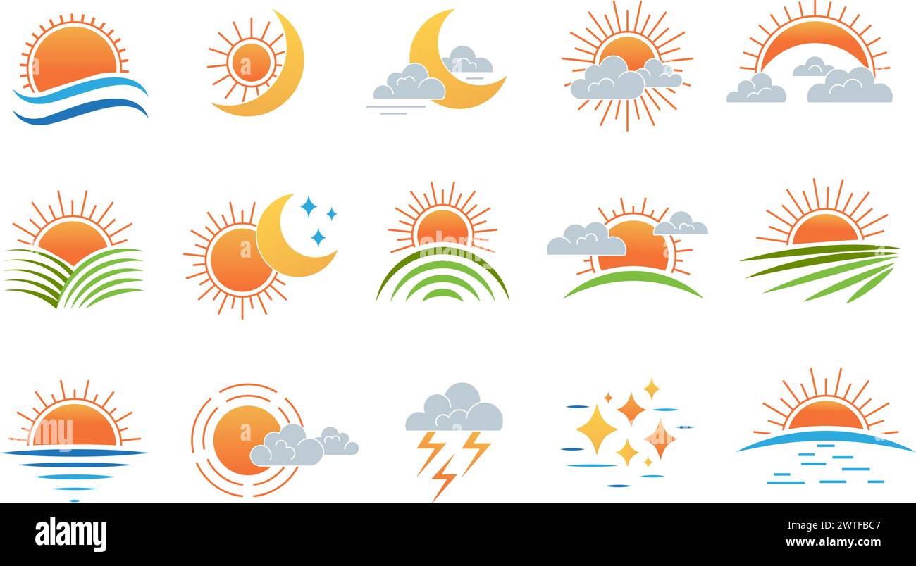 Rising sun. Stars moon and setting sun in clouds recent vector symbols ...