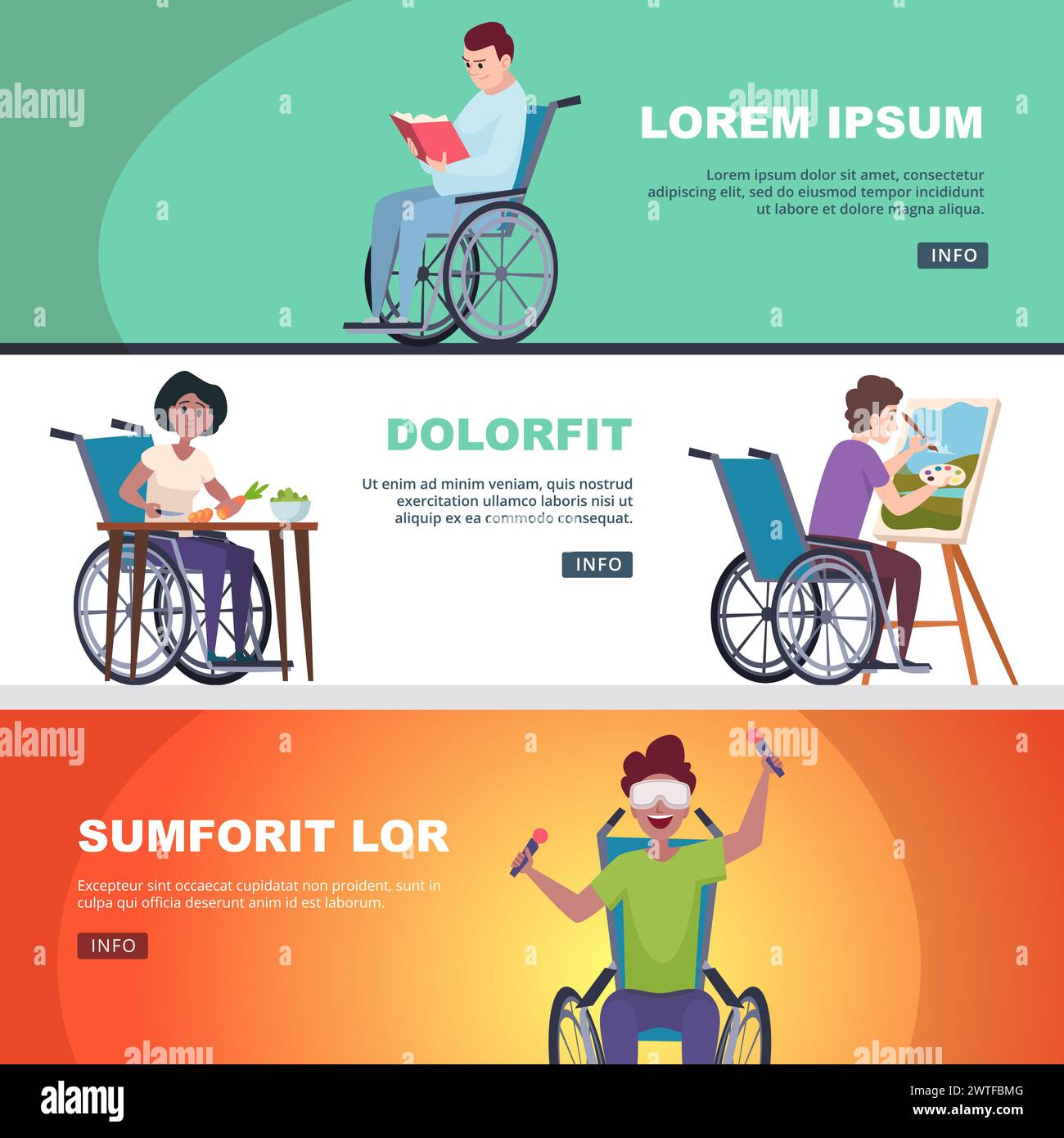 Disabled people banners. Different activities of disabled characters in ...