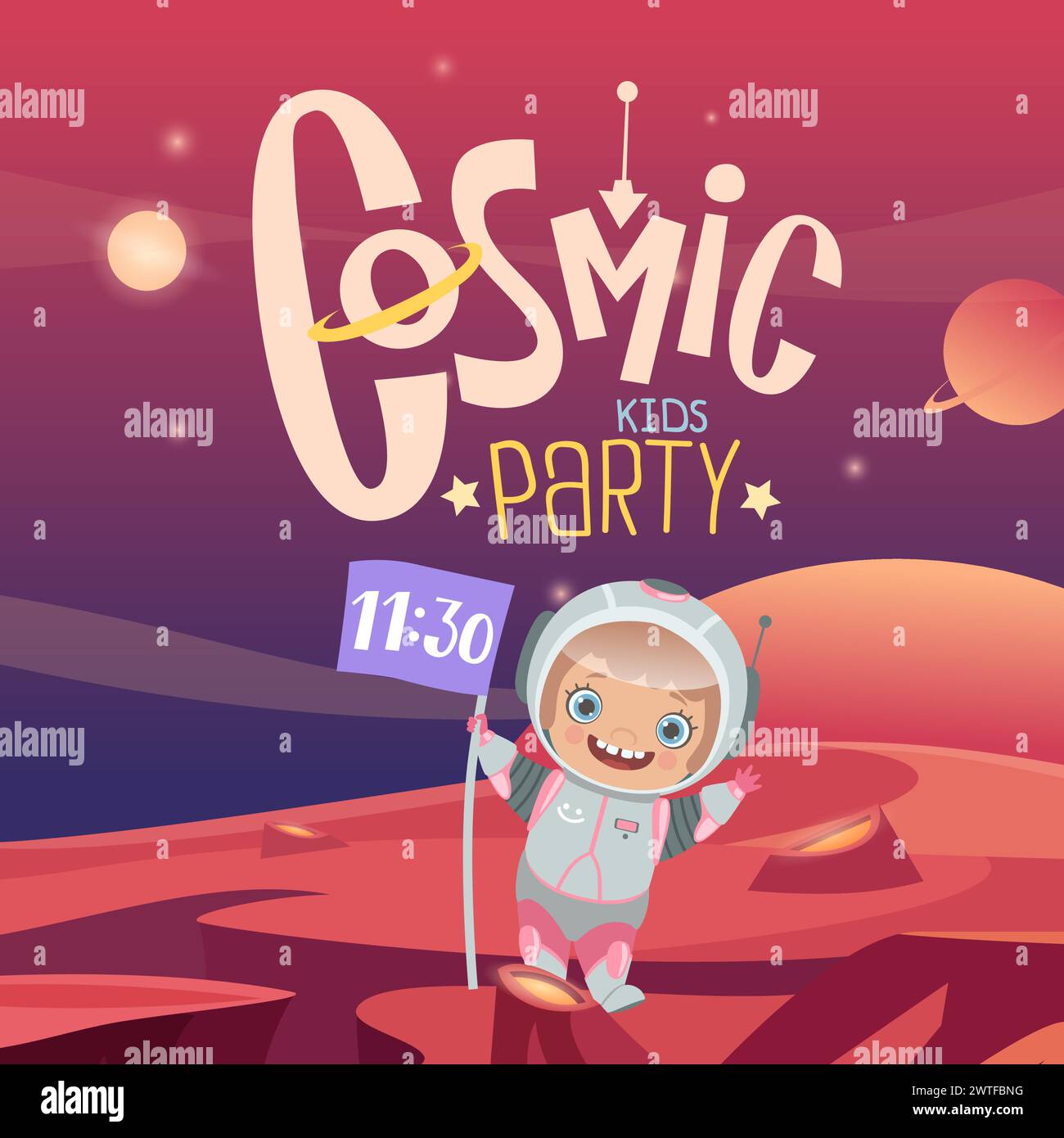 Cartoon cosmos. kids party invitation placard or poster with kid ...