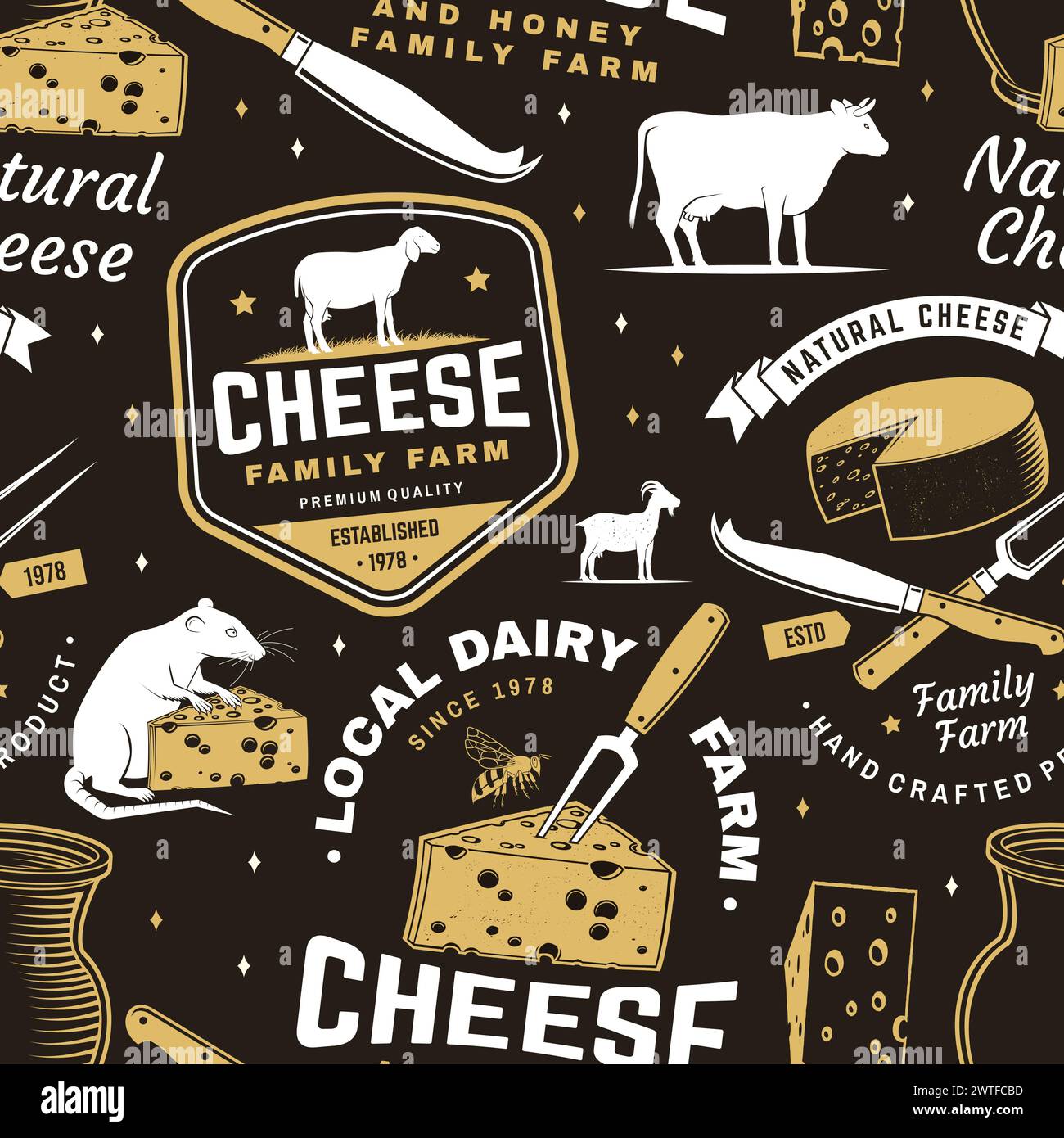 Cheese family farm seamless pattern or background. Fabric, textile ...