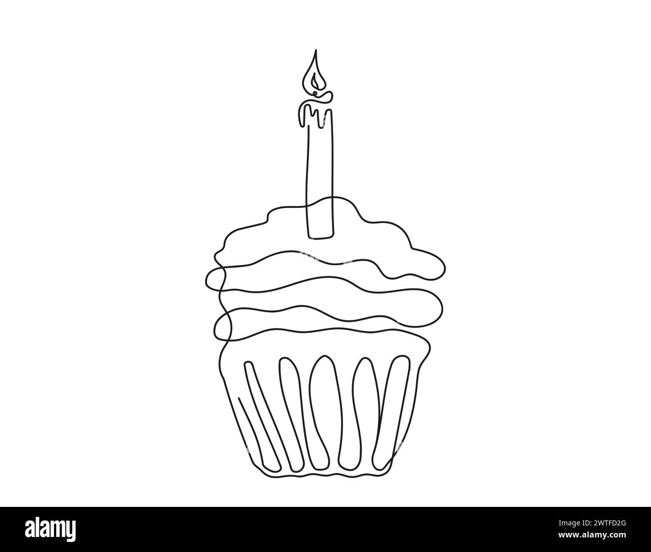 Continuous one line drawing of birthday cupcake with a lit candle. Minimalist festive dessert ...