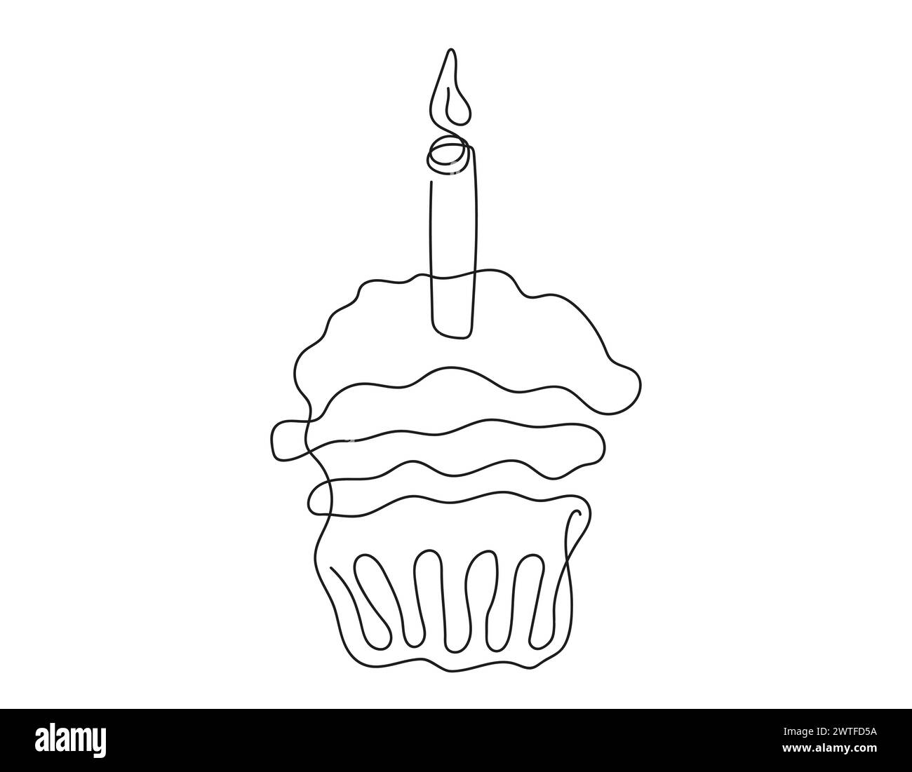 Continuous one line drawing of birthday cupcake with a lit candle. Minimalist festive dessert ...