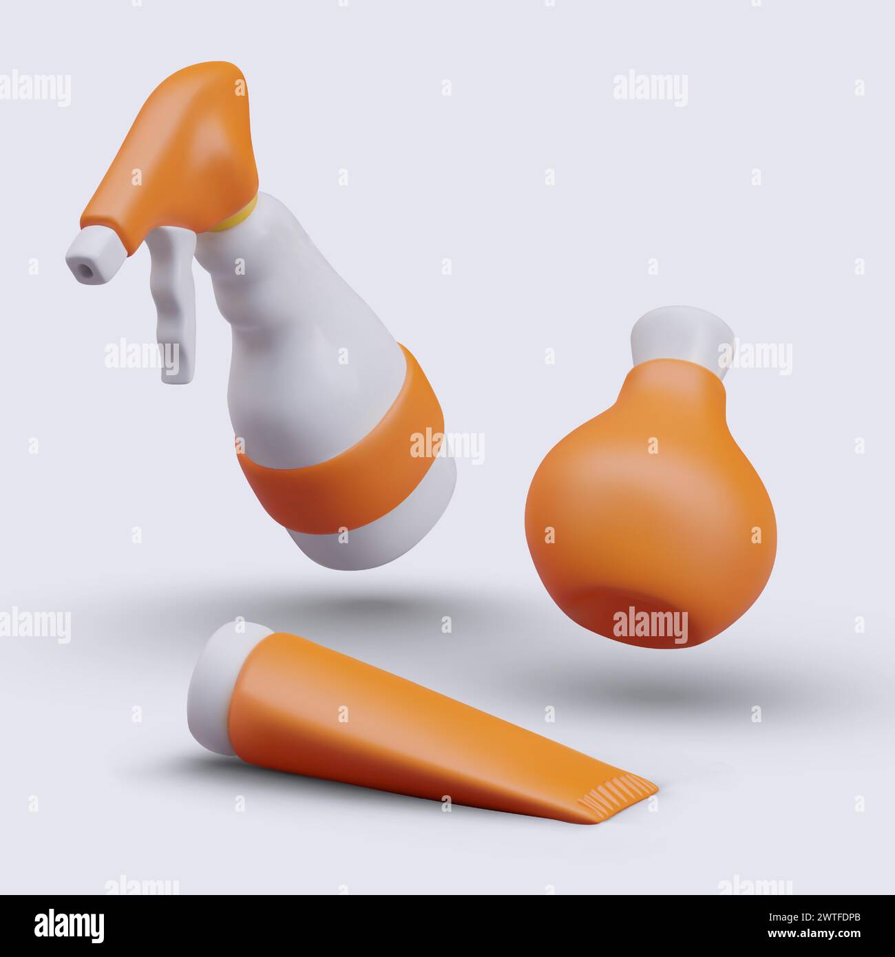 Spray detergent, jar with liquid and cosmetic bottle in orange colors ...