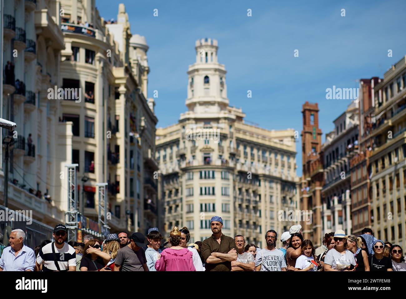 People are waiting at the Plaza del Ayuntamiento for the 'Mascleta', an ...
