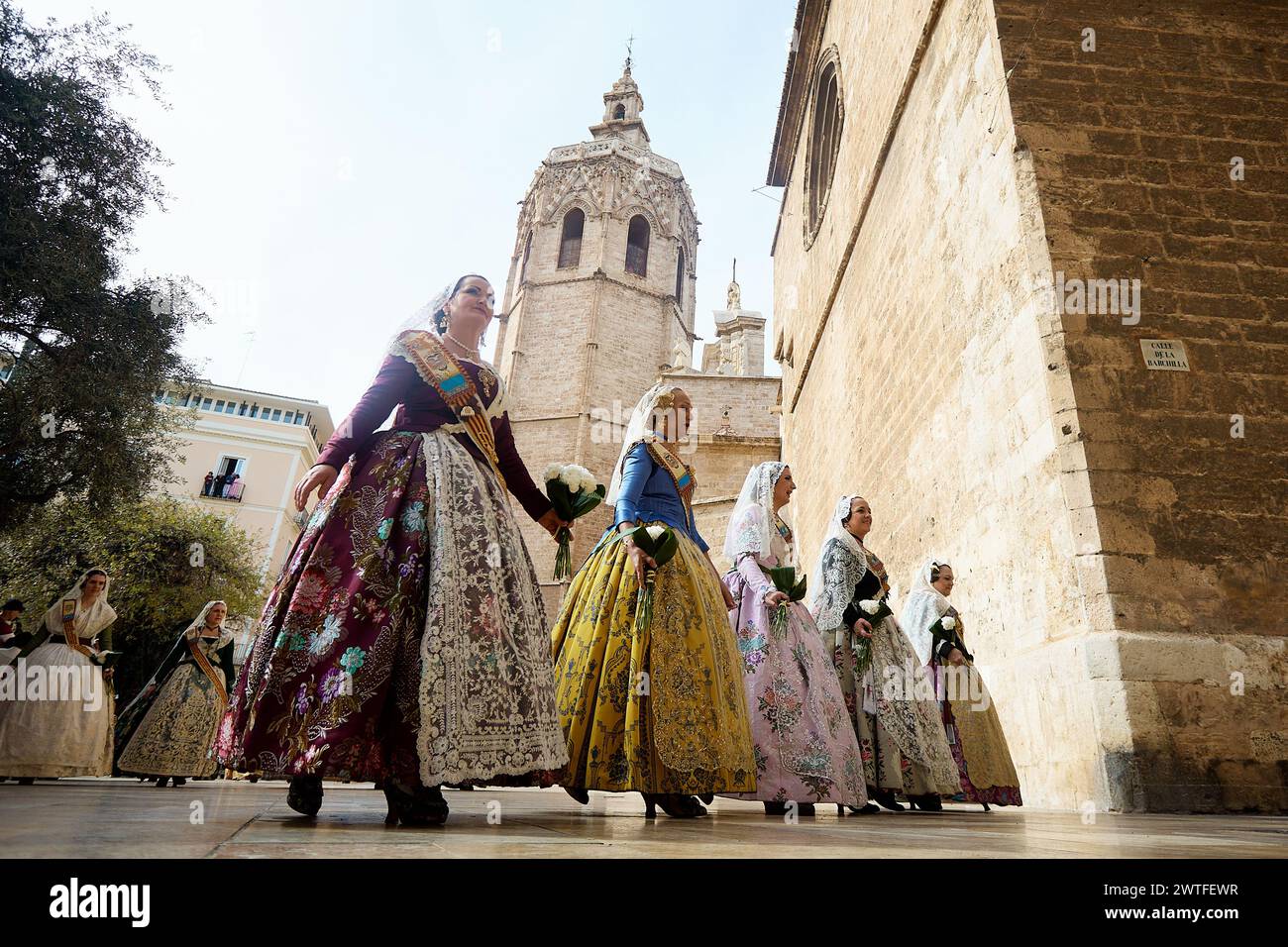 Valencia, Spain. 17th Mar, 2024. Falleras in traditional costume are ...