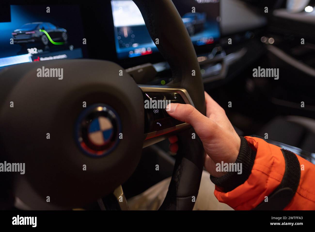 man in car driving BMW i5 eDrive40, digital panel, Interior, cockpit ...