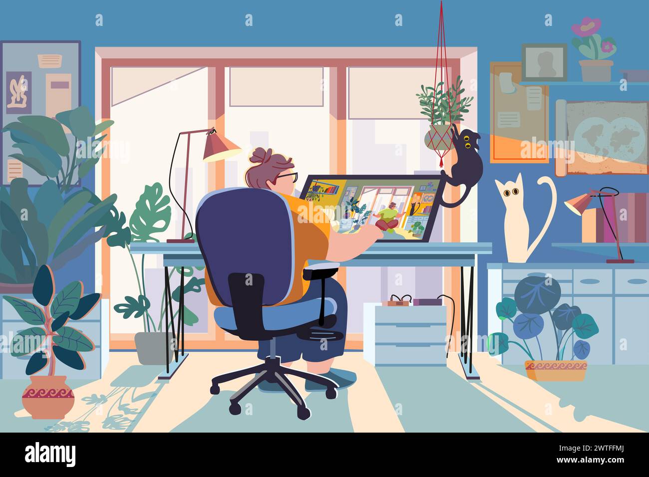 Fat woman working on a laptop while sitting at the table in a cozy ...