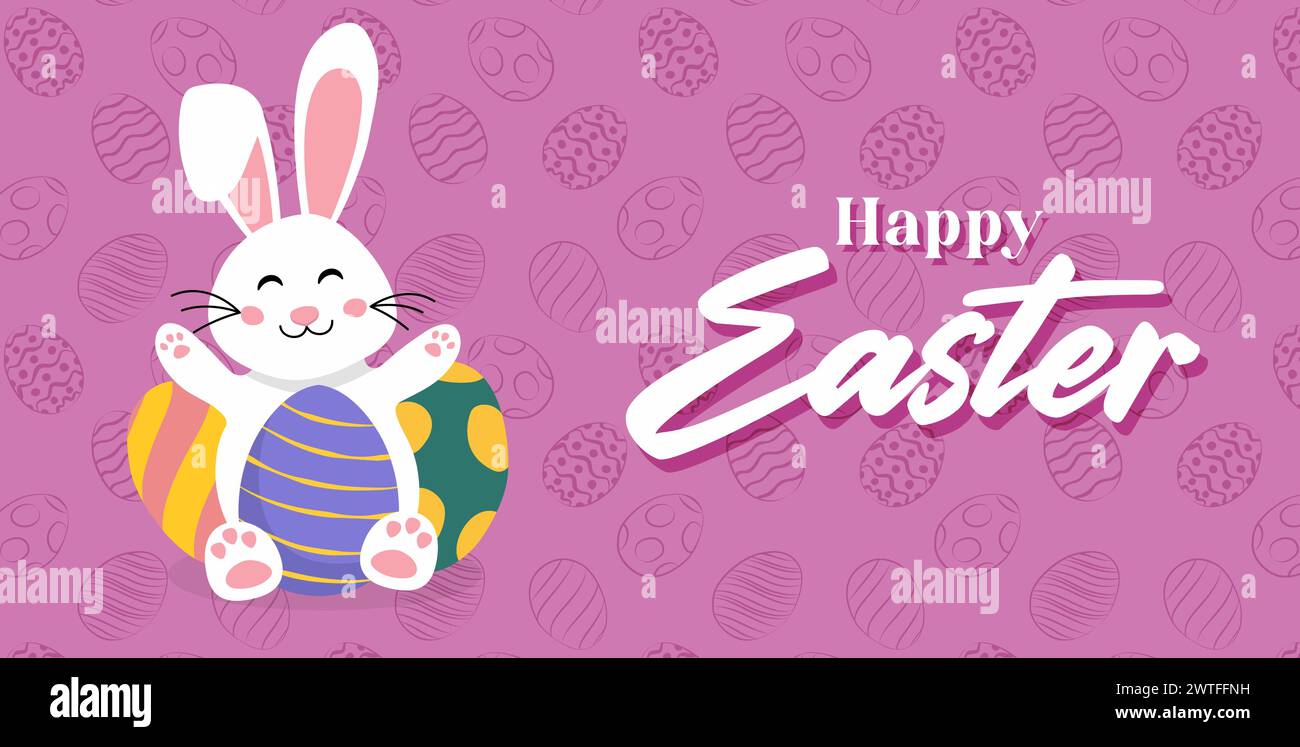 Happy Easter card with easter eggs garland and rabbit. Simple vector ...