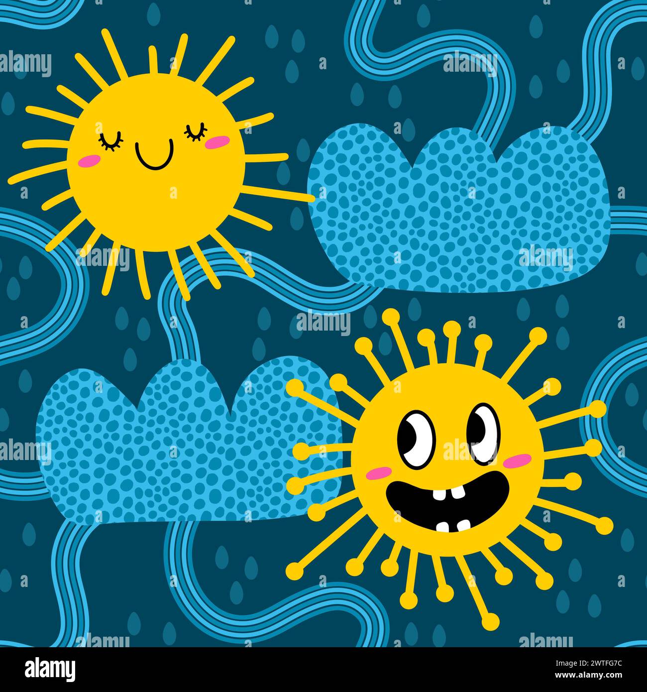 Summer cartoon weather seamless sun and clouds pattern for wrapping ...
