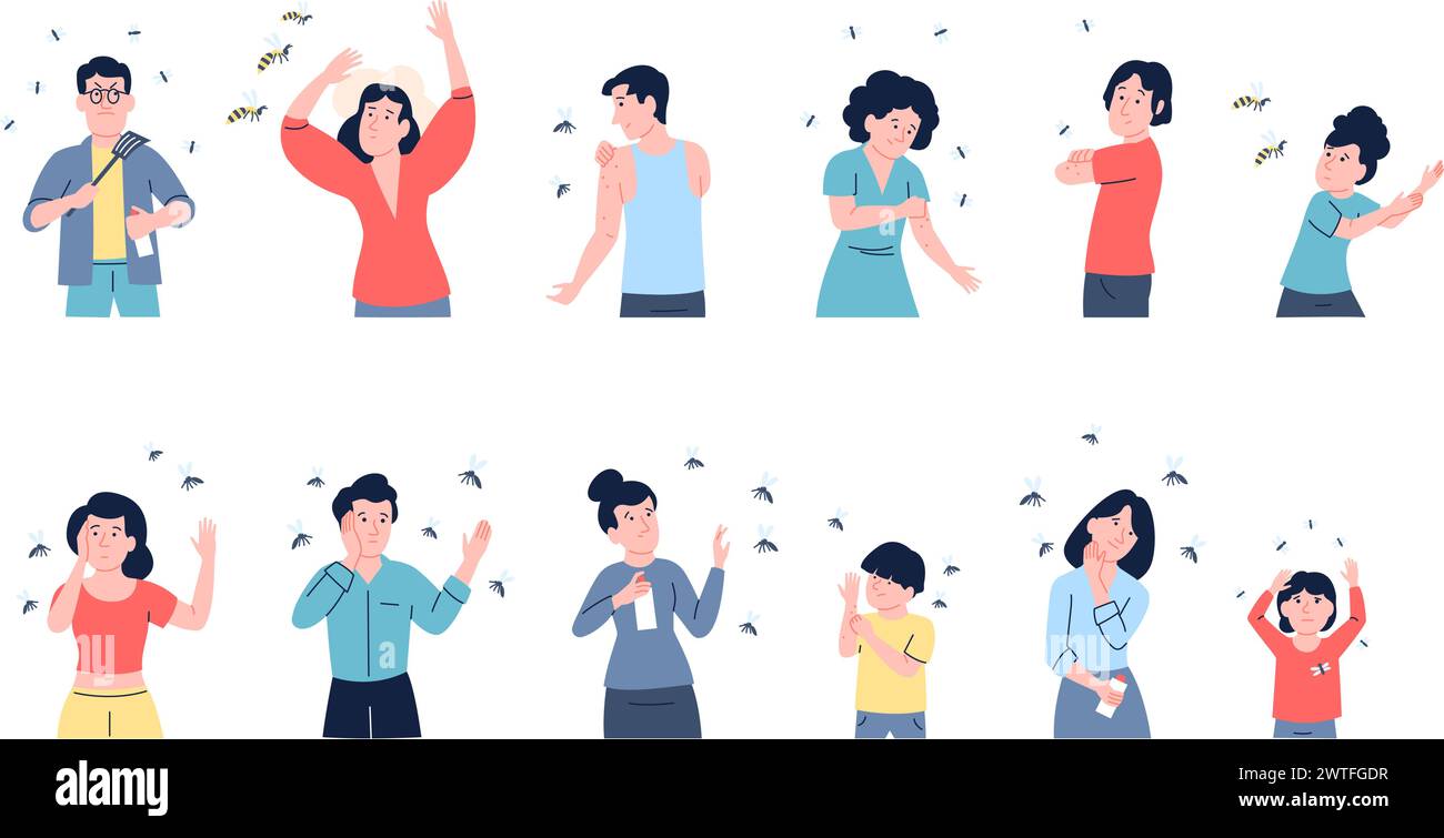 Mosquitos bites people. Flying insects swarms, mosquito bee and fly ...