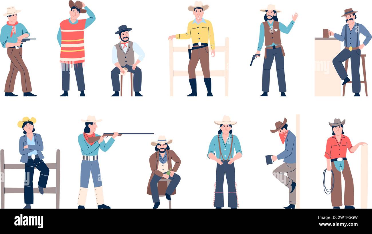 Cowboy characters. Wild west style male character. Western heroes wear ...