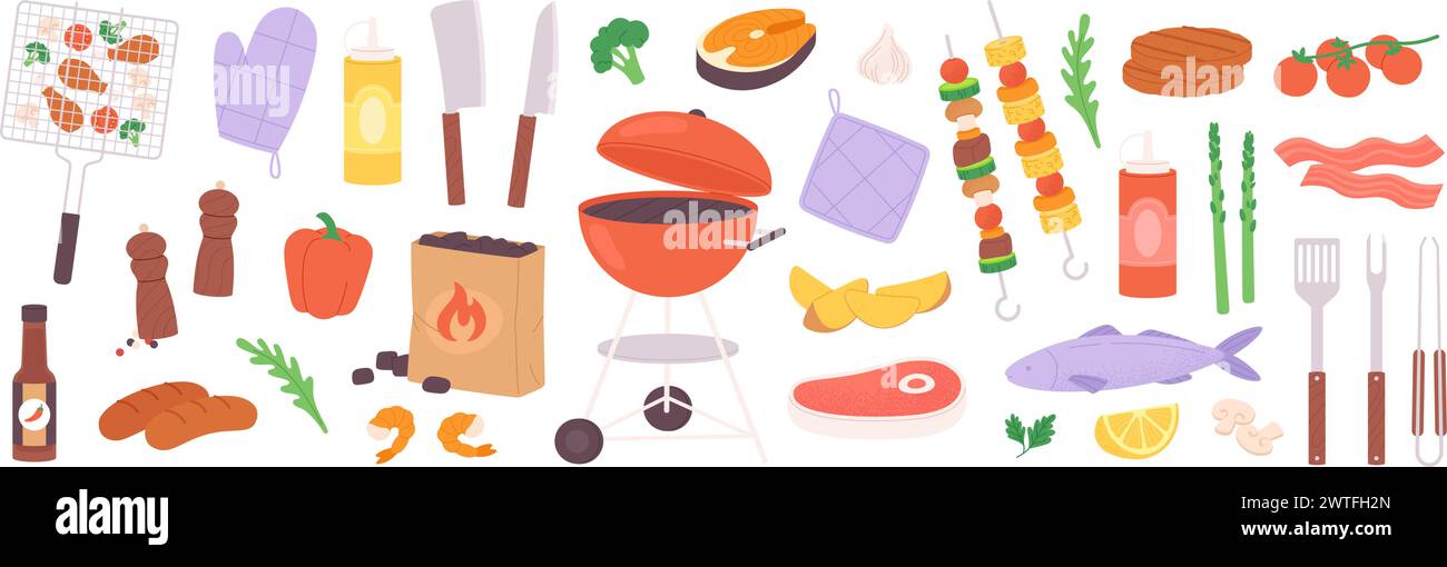Cartoon bbq. Barbecue elements, isolated summer grill party tools, food ...