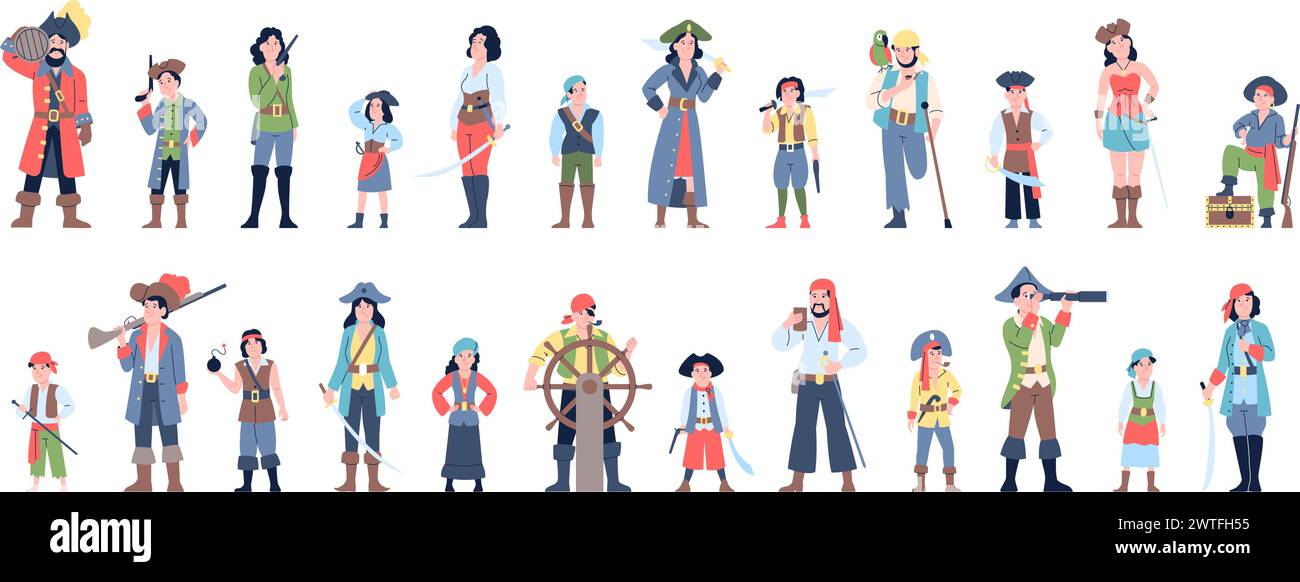 Adults and children pirates characters. Girls, boys wear carnival ...