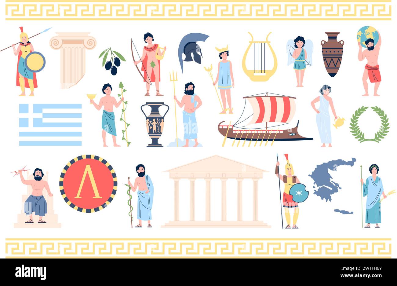 Flat greek elements. Landmarks of greece, ruins and ancient vases ...