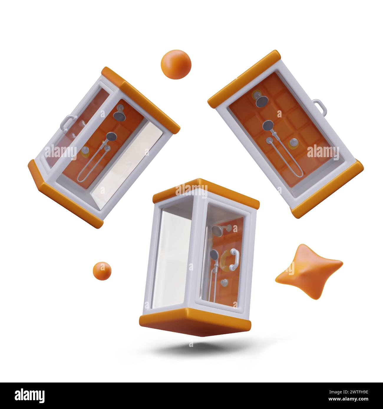 Set of shower cabins in different positions, decorative elements. 3D vector objects. Color ...