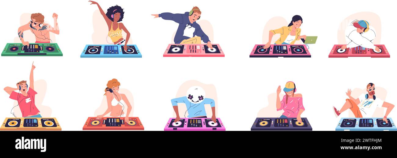Dj characters. People musician in headphones mixing music turntable ...