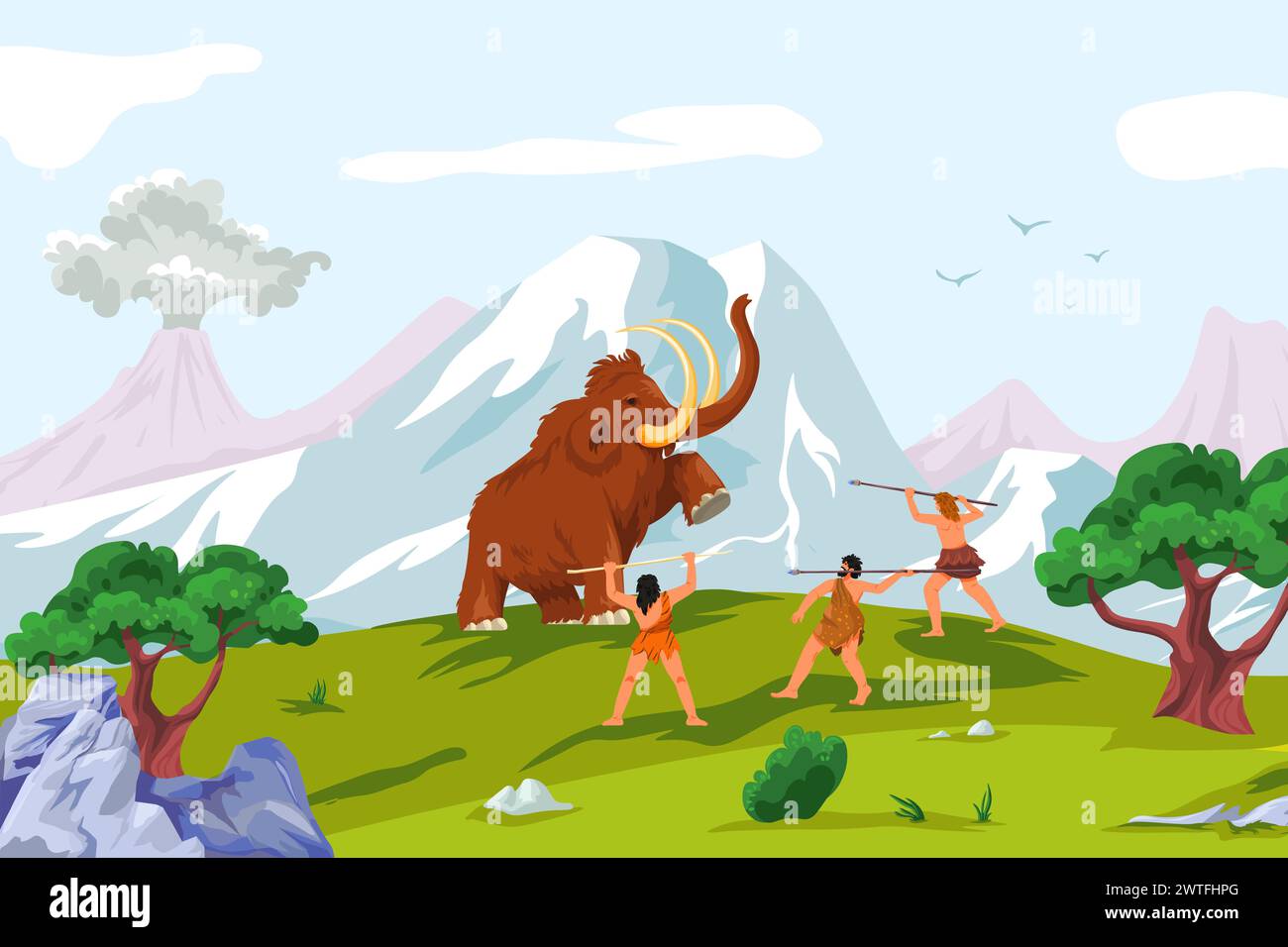 Mammoth hunting. Woolly mammoths and caveman with primitive spear ...