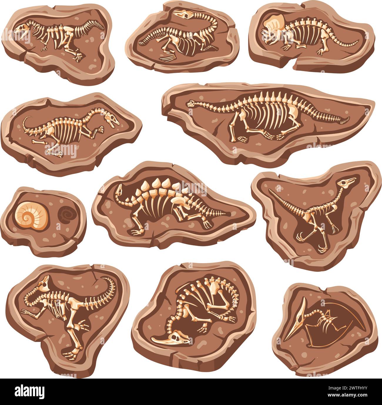 Dinosaur bones fossils. Reptile fossil in ground stone, cartoon lizard ...